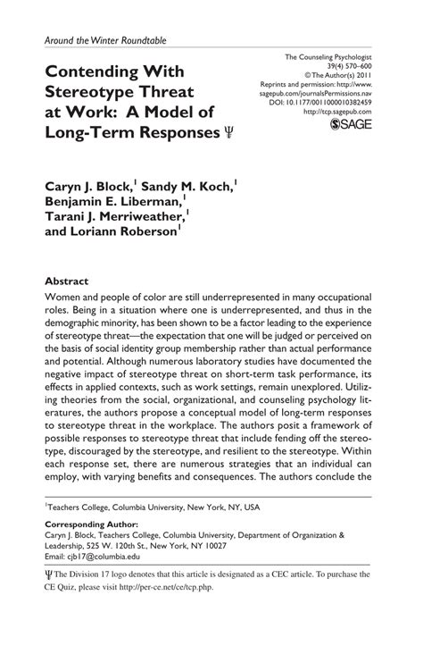 Pdf Contending With Stereotype Threat At Work A Model Of Long Term Responses 1Ψ7