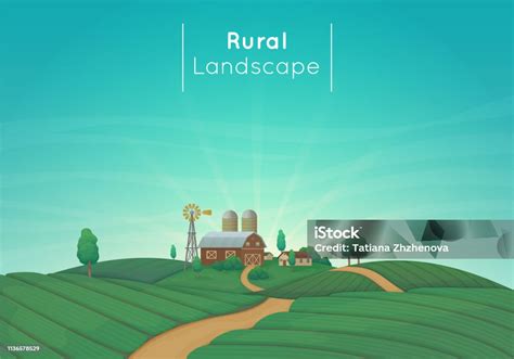농촌 농업 풍경 벡터 일러스트 레이 션입니다 농장 집 헛간 사일로 관목 및 나무가 있는 풍차 먼지 도로가 있는 녹색 농업 분야 배경에서 구름과 태양 광선 푸른 하늘 구름