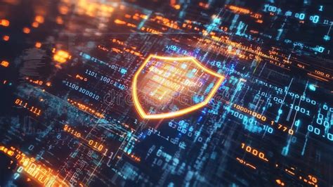 a digital shield icon surrounded by flowing binary code symbolizing