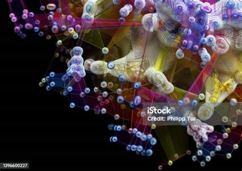 추상 예술의 3d 렌더링 3d 배경과 초현실적 인 외계인 프랙탈 꽃 조각의 일부와 곡선 물결 모양의 선 형태로 내부에 액체 물질이있는 삼각형을 기반으로 무지개 그라디언트