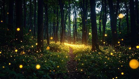 Forest Scene Illuminated By Fireflies Dusk Creating Magical And