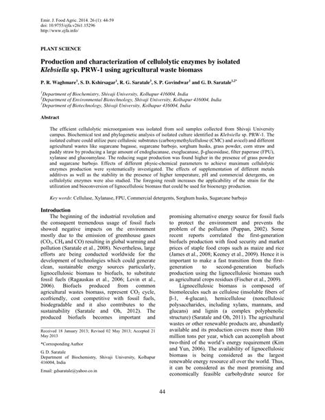 Pdf Production And Characterization Of Cellulolytic Enzymes By Isolated Klebsiella Sp Prw 1