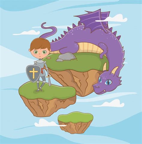 중세 기사와 동화 디자인의 용 프리미엄 벡터