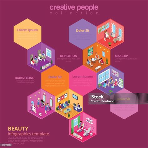 평평한 아이소메트릭 살롱 인테리어 벡터 일러스트 레이 션 셀 인포 그래픽 템플릿입니다 3d 아이소메트리 아름다움과 스타일 개념입니다 머리 스타일 화장 탈모 피부 관리