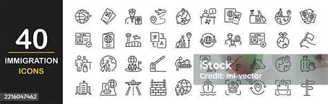 이민 아이콘 세트입니다 비자 여권 이민자 세관원 국제선 국가 국경 통과 공항 불법 체류자 수하물 검사 이민 심사 등과 같은 아이콘이 포함되어 있습니다 경찰관에 대한 스톡
