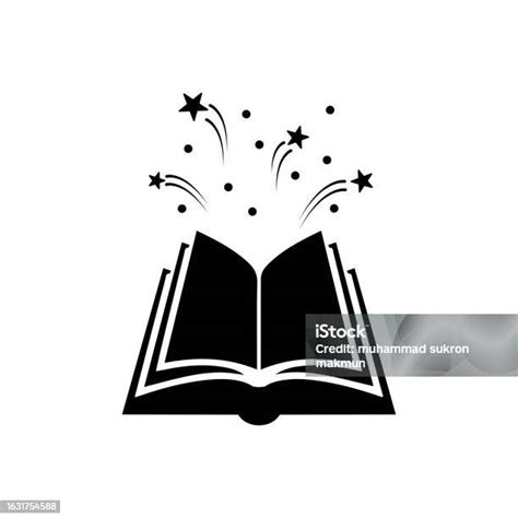 별이나 불꽃놀이가 펼쳐지는 책을 펼치세요 흰색 배경에 격리되어 있습니다 플랫 아이콘입니다 마술 창조적 인 독서 로고 동화 속 픽토그램 어린이를 위한 책 아이콘에 대한 스톡