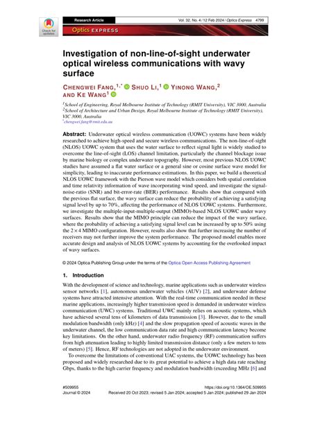 Pdf Investigation Of Non Line Of Sight Underwater Optical Wireless Communications With Wavy