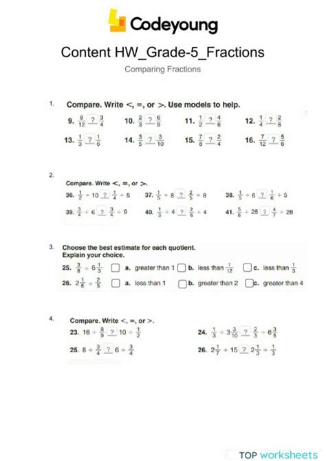 Content Hw Comparing Fractions Interactive Worksheet Topworksheets