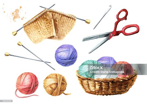 수동 뜨개질 세트 실 바늘 크로 셰 뜨개질 후크 가위 미완성 니트 제품의 공 흰색 배경에 격리 된 수채화 손으로 그린 그림 수채화에 대한 스톡 벡터 아트 및 기타 이미지