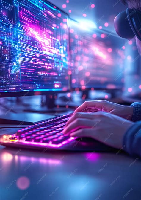 Person Typing On Illuminated Rgb Keyboard With Code On Dual Monitors In Dark Room Premium Ai