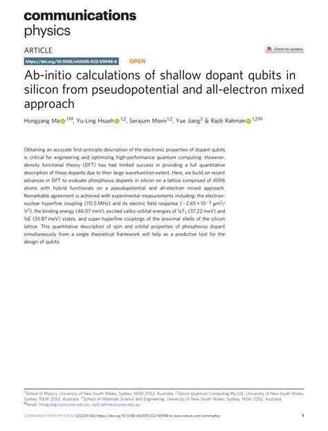 Pdf Ab Initio Calculations Of Shallow Dopant Qubits In Silicon From
