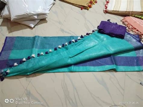 Party Wear Plain Linen Cotton Sarees Traditional With Blouse Piece At