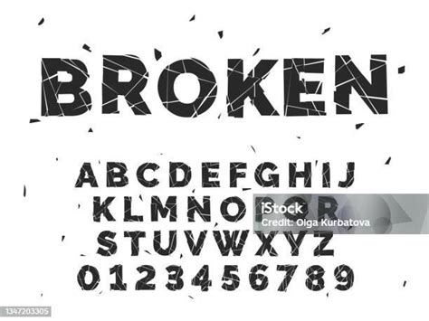 깨진 알파벳 충돌 글꼴 대문자 문자 와 숫자 균열 스타일의 영어 Abc 박살 조각 텍스트 디자인 다진 유형 유리 또는 얼음 조각 검은 실루엣 벡터 고립 세트 깨짐에 대한