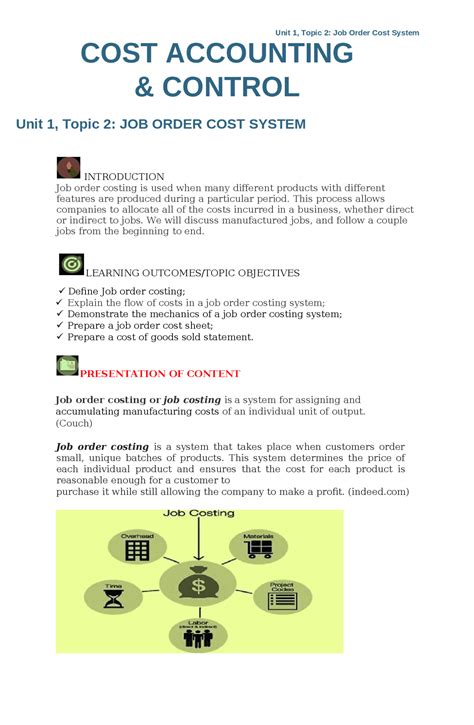 Cost Accounting And Control Unit 1 Topic 2 Job Order Cost System Cost Accounting And Control