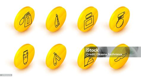 세트 라인 콧수염 면도 젤 폼 스트레이트 면도기 전기 이발기 면도기 미용사 권총 스프레이 병 애프터 쉐이브 및 분무기 아이콘 벡터 3차원 형태에 대한 스톡 벡터 아트 및