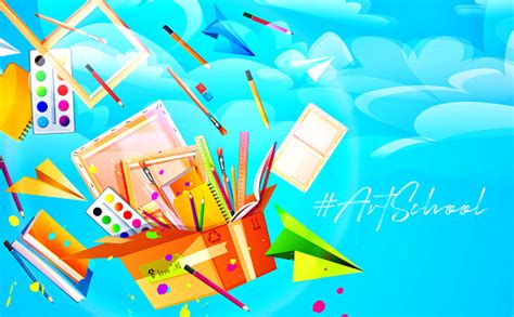 만화 스타일의 학교 교육 개념입니다 학교에서 그림 수업 뻗어 있는 캔버스 물감 붓 색연필과 사무용품이 추상적인 흐린 배경에 있다 개념에 대한 스톡 벡터 아트 및 기타 이미지