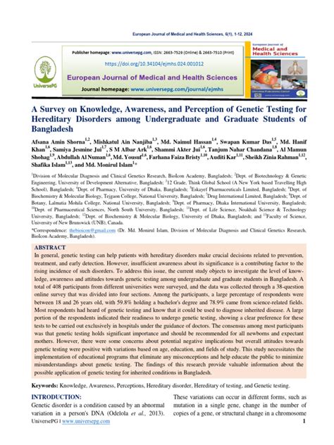 A Survey On Knowledge Awareness And Perception Of Genetic Testing For Hereditary Disorders