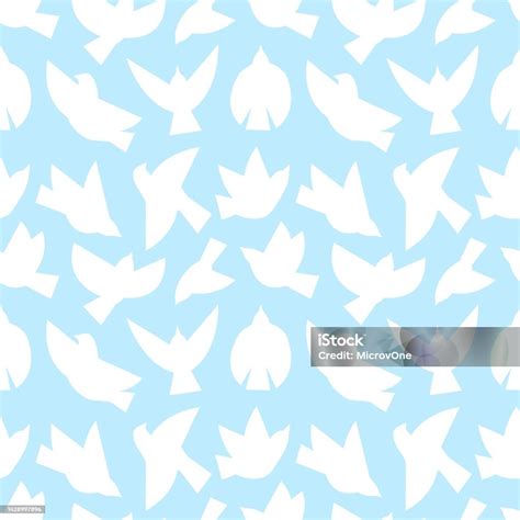 파란색 배경에 날으는 새 추상 실루엣 흰 새 비둘기 또는 갈매기 이음새가 없는 무늬 플랫 다른 포즈 비둘기 직물 인쇄 비둘기가