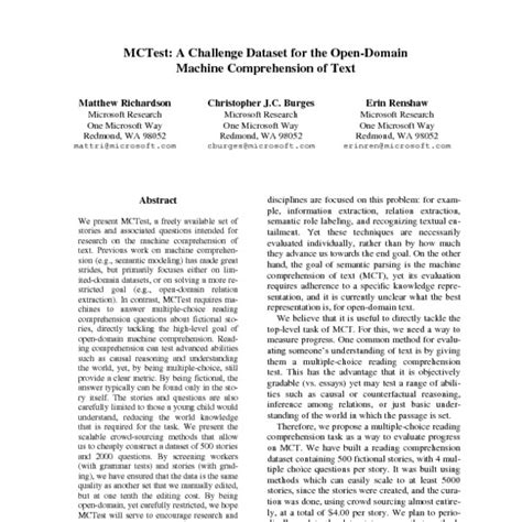 Mctest A Challenge Dataset For The Open Domain Machine Comprehension Of Text Acl Anthology