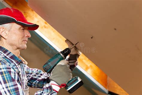 Drywall Construction Attic Renovation Man Fixing Drywall Suspended Ceiling To Metal Frame