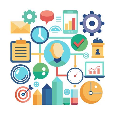 Colorful Business Icons Interconnected Around A Central Person Representing Teamwork Progress