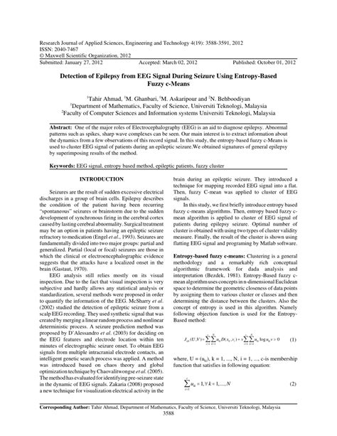 Pdf Detection Of Epilepsy From Eeg Signal During Seizure Using Entropy Based Fuzzy C Means