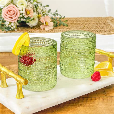 10 Oz Textured Beaded Sage Green Old Fashion Drinking Glasses Set Of