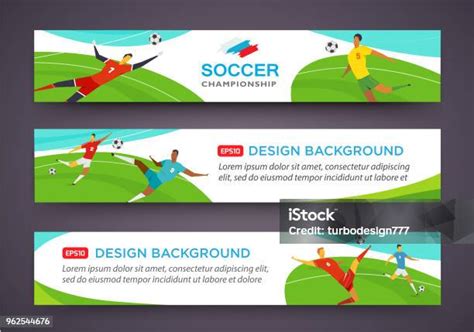 축구 선수 배너 세트입니다 우승입니다 평면 스타일에 바보 색 벡터 일러스트 레이 션 2018년에 대한 스톡 벡터 아트 및 기타 이미지 2018년 Championship