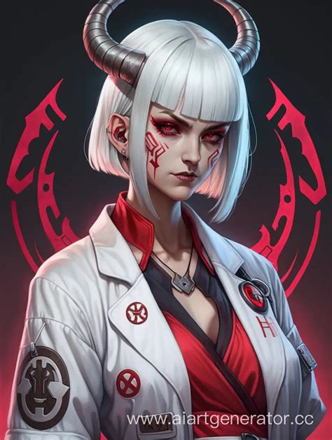 Cyberpunk Nurse Demon With White Hair And Rune Tattoos Ai Art Generator
