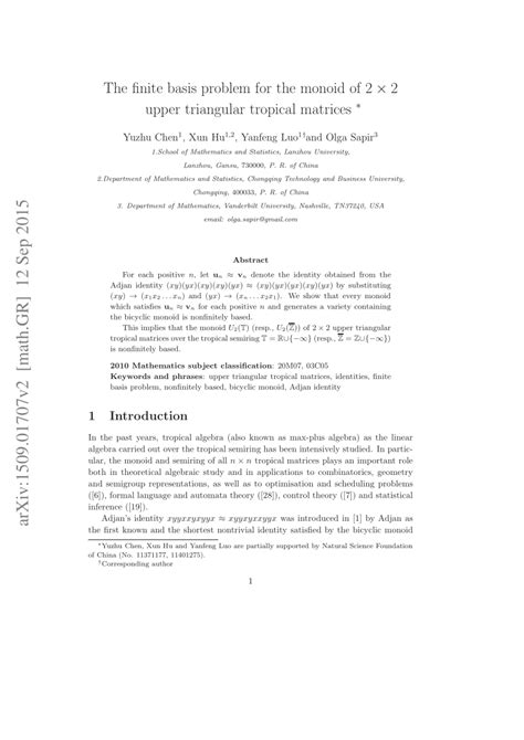 Pdf The Finite Basis Problem For The Monoid Of 2 By 2 Upper Triangular Tropical Matrices