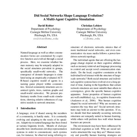 Did Social Networks Shape Language Evolution A Multi Agent Cognitive Simulation Acl Anthology