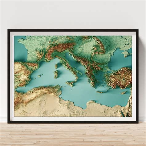 Mediterranean Sea 3d Render Topographic Map Color Art Print By Frank