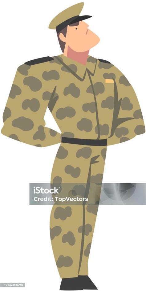 위장 제복을 입은 군인 근육질의 육군 병사 캐릭터 만화 스타일 벡터 일러스트 군대에 대한 스톡 벡터 아트 및 기타 이미지