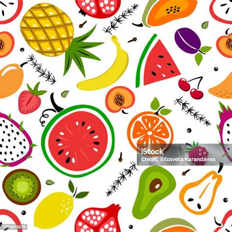 체리 배 수박 바나나 복숭아 키위 딸기 레몬 망고 등 여름 신선한 과일과 완벽한 패턴 직물 인쇄 포장지를 위한 편평한 벡터