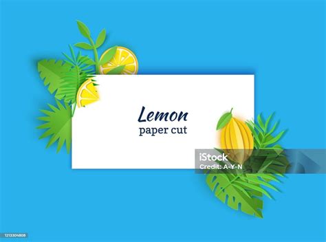 정글 종이 컷 녹색 잎과 레몬으로 장식 직사각형 흰색 노트 시트 아플리케 전체 및 파란색 배경에 노란색 라임 종이 단풍의 조각 벡터 카드 그림입니다 0명에 대한 스톡 벡터