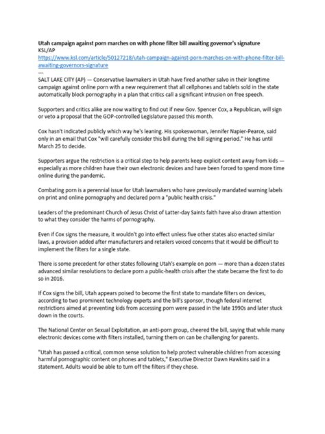 Utahs Porn Filter Bill Awaits Signature Pdf Sex Education Bill Law