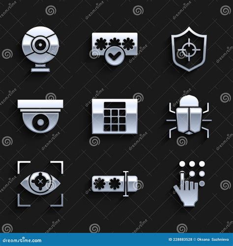 Set Password Protection System Bug Eye Scan Security Camera Shield And Icon Vector Stock