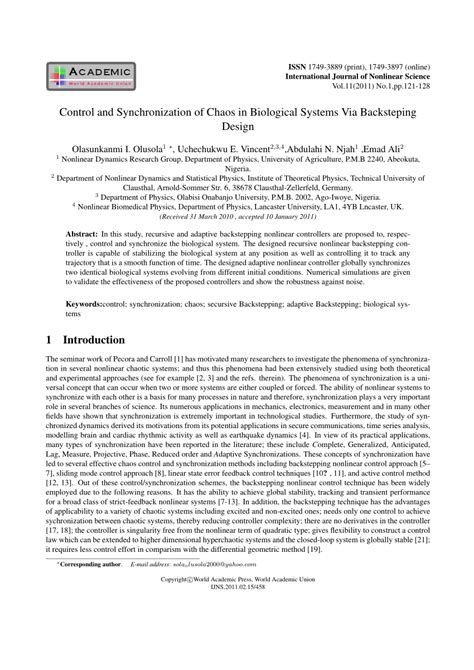 Pdf Control And Synchronization Of Chaos In Biological Systems Via Backsteping Design
