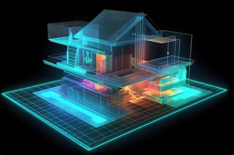 제너레이티브 Ai로 만든 건축 설계의 D 홀로그램 청사진 프리미엄 사진
