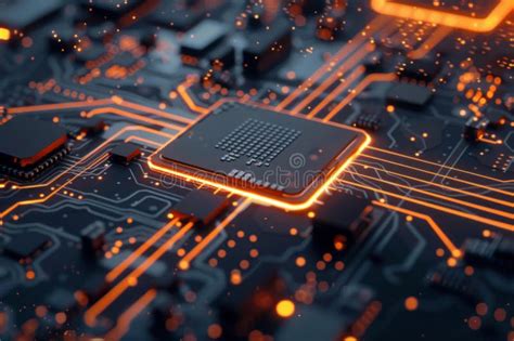 Cpu Processing Data On Motherboard With Orange Glowing Circuits Stock Illustration