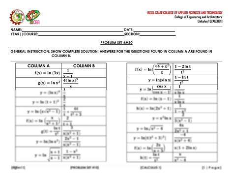 Solution Calculus 1 Problem Set 10 Differentiation Of Exponential And Logarithmic Functions