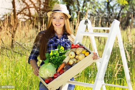 예쁜 어린 소녀는 채소의 전체 나무 상자를 유지 모자에 웃는 여자 여름 수확 가을에 대한 스톡 사진 및 기타 이미지 가을 건강한 생활방식 건강한 식생활 Istock