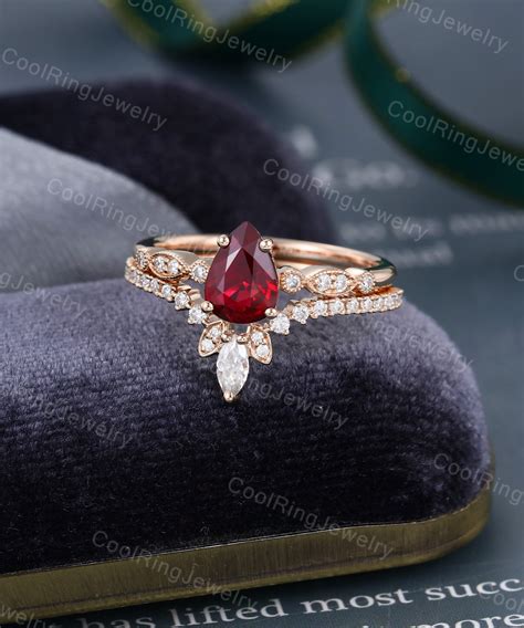 Pear Shaped Ruby Engagement Ring Vintage Unique Rose Gold Etsy
