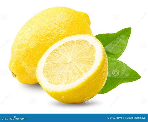 Single Lemon With Green Leaves Isolated On White Background Clipping