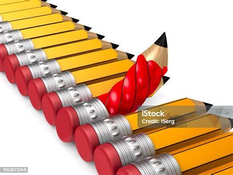 흰색 바탕에 주황색 군중에서 밖으로 서 있는 지우개와 독특한 붉은 나무 연필 격리 된 3d 그림 3차원 형태에 대한 스톡 사진 및 기타 이미지 Istock