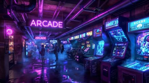 Blue Purple Neon Cyberpunk Arcade Wide View Cyberpunk City