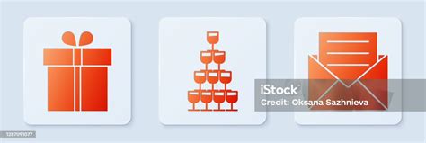 피라미드 타워에 쌓인 와인 잔 선물 상자 및 초대장 카드가 있는 봉투를 설정합니다 흰색 정사각형 버튼 벡터 공란에 대한 스톡 벡터 아트 및 기타 이미지 Istock