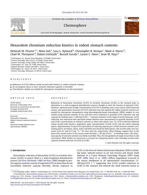 Pdf Hexavalent Chromium Reduction Kinetics In Rodent Stomach Contents