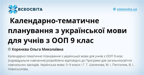 Календарно тематичне планування з української мови для учнів з ООП 9 клас Українська мова