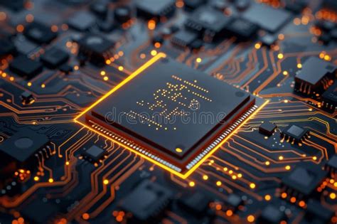 Modern Cpu Processing Data On Motherboard With Orange Circuit Board Stock Illustration